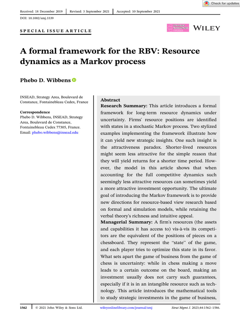 A Formal Framework For The RBV: Resource Dynamics As A Markov Process | PDF