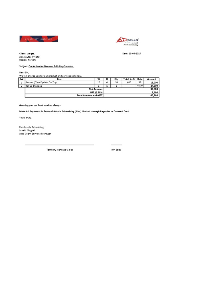 Quotation For Banners & Rollup-Standee | PDF | Finance & Money Management