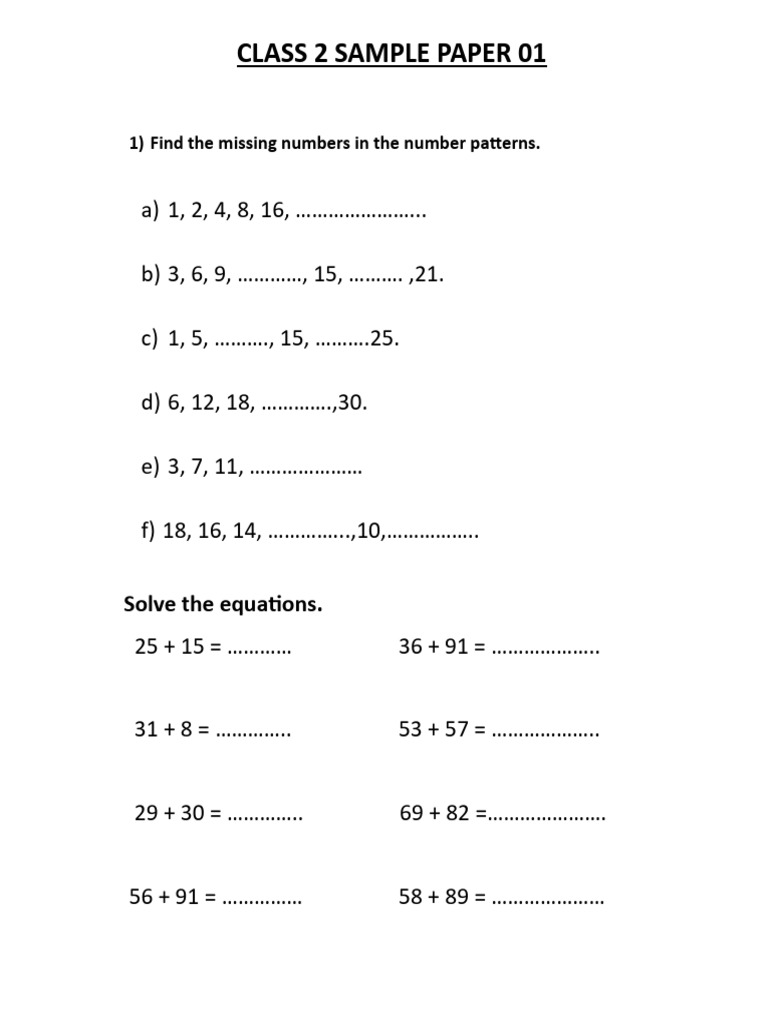 Class 2 Sample Paper 01: Solve The Equa Ons | PDF | Rupee | Coins