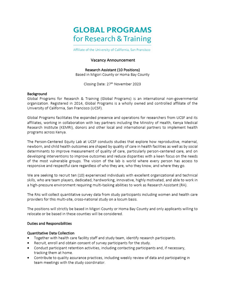 Vacancy - Research Assistant Person-Centered Equity Lab | PDF