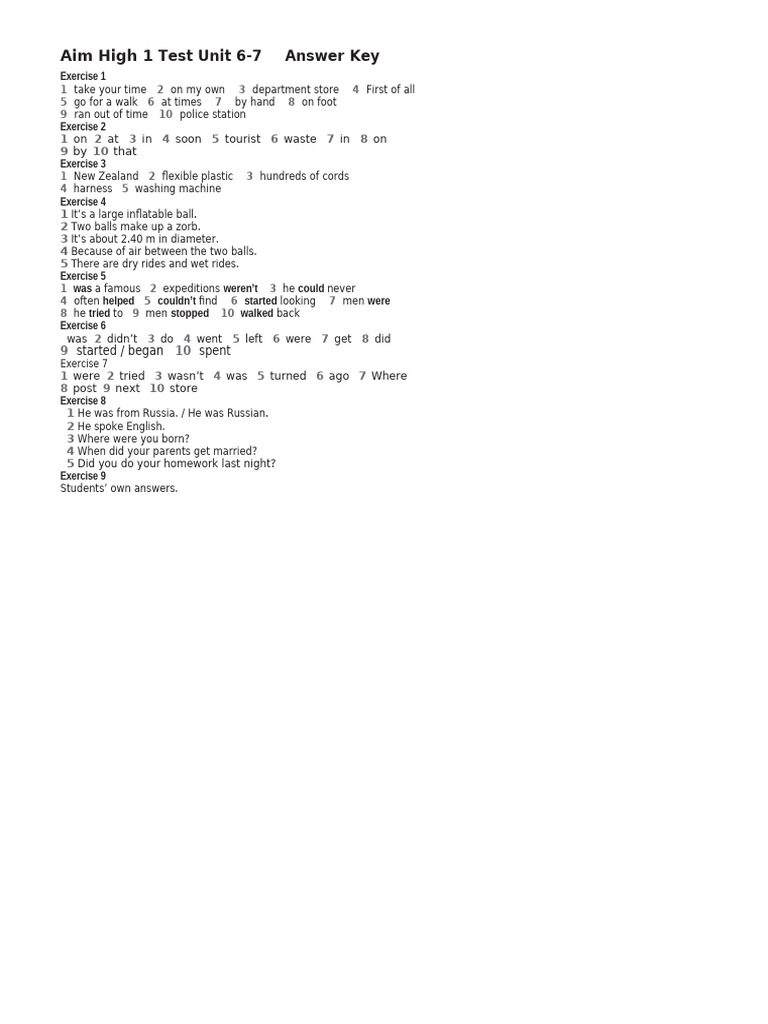 Aim High 1 Unit 6-7 Test AK | PDF | Home & Garden