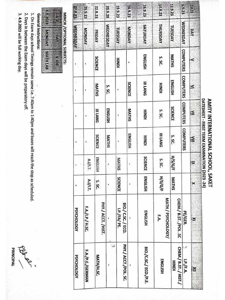 Date Sheet Term 1 2023-24 | PDF