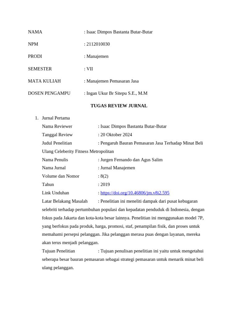 Tugas Review Jurnal Manajemen Pemasaran Jasa 1 | PDF