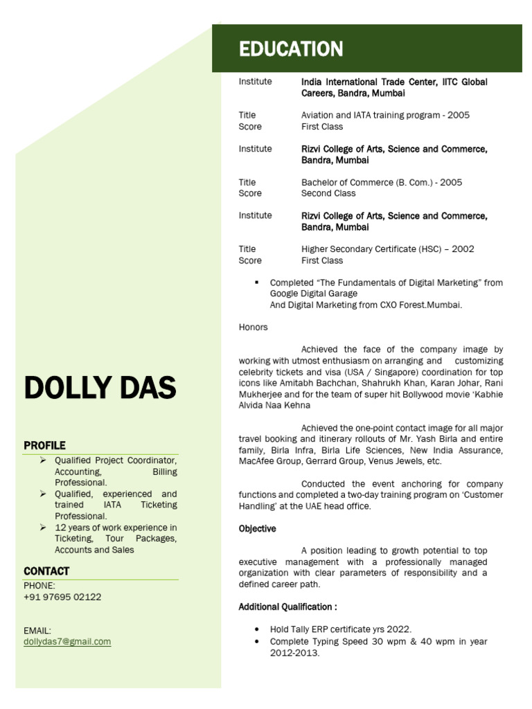 Dolly Das Resume - 19 Aug 2024 | PDF | Travel Agency