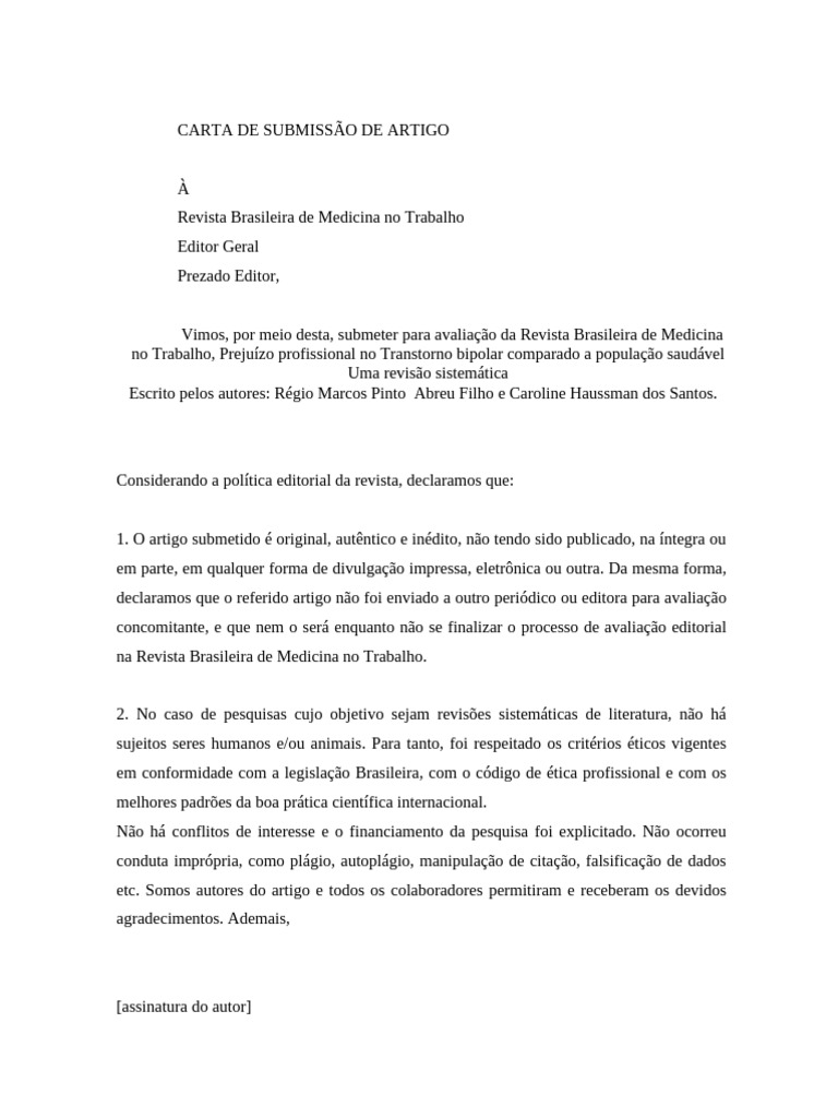 Carta de Submissão de Artigo | PDF | Autoajuda