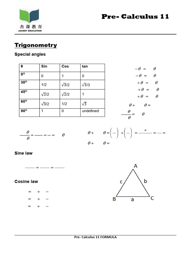 Pre Calculus 11 Formula Sheet A | PDF | Angle | Euclid