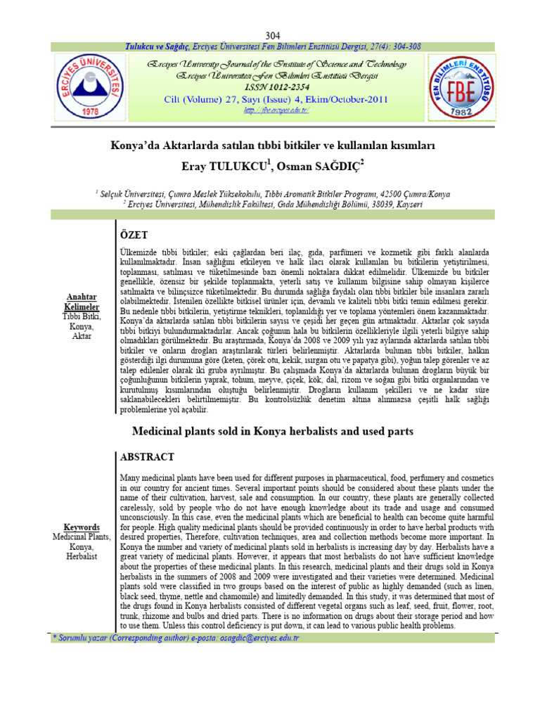 Konya Da Aktarlarda Sat Lan T Bbi Bitkiler Ve Kullan Lan K S Mlar (#269717) - 236201 | PDF