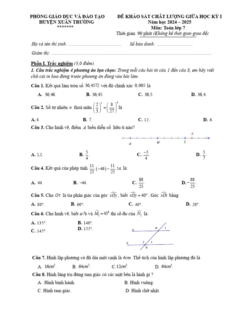 De Giua Hoc Ky 1 Toan 7 Nam 2024 2025 Phong GDDT Xuan Truong Nam Dinh | PDF