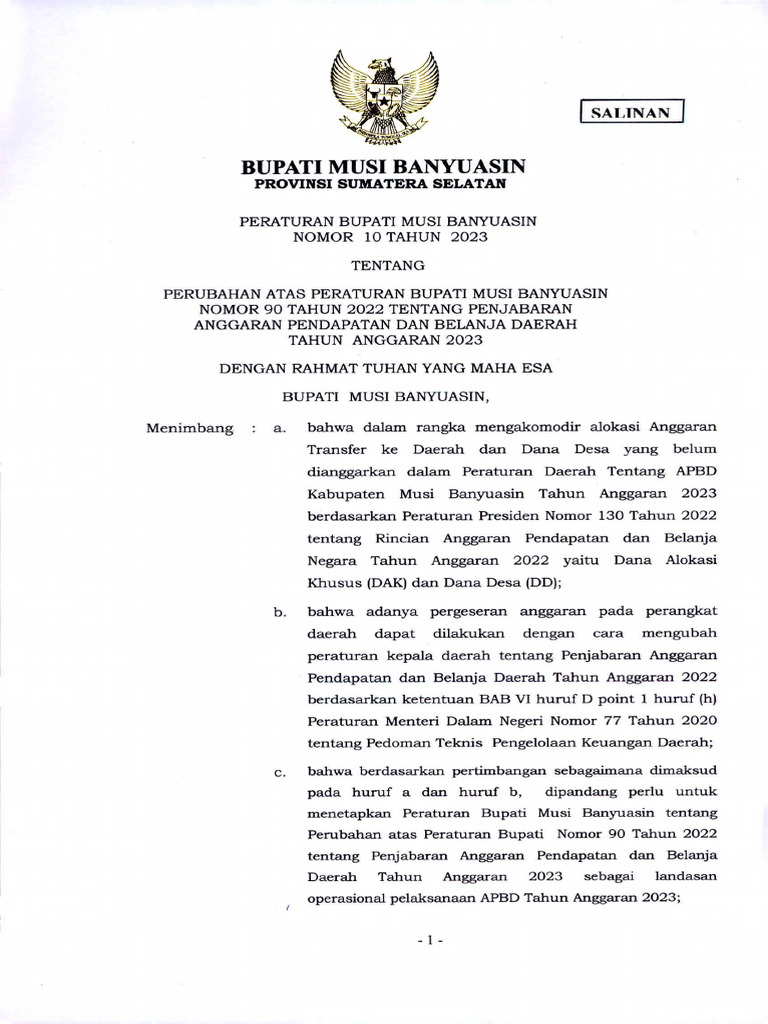 Perbup Musi Banyuasin No 10 Tahun 2023 | PDF | Pengelolaan Keuangan & Uang