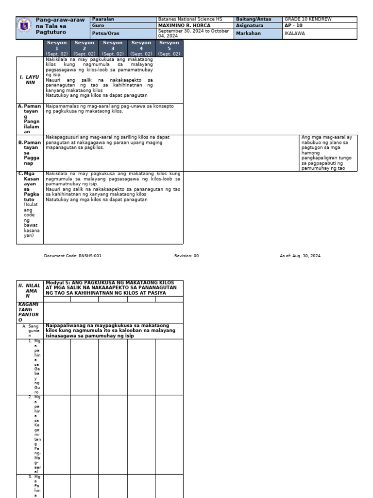 BNSHS-001-00-October 2024-DLL-Template - ESP-10 | PDF