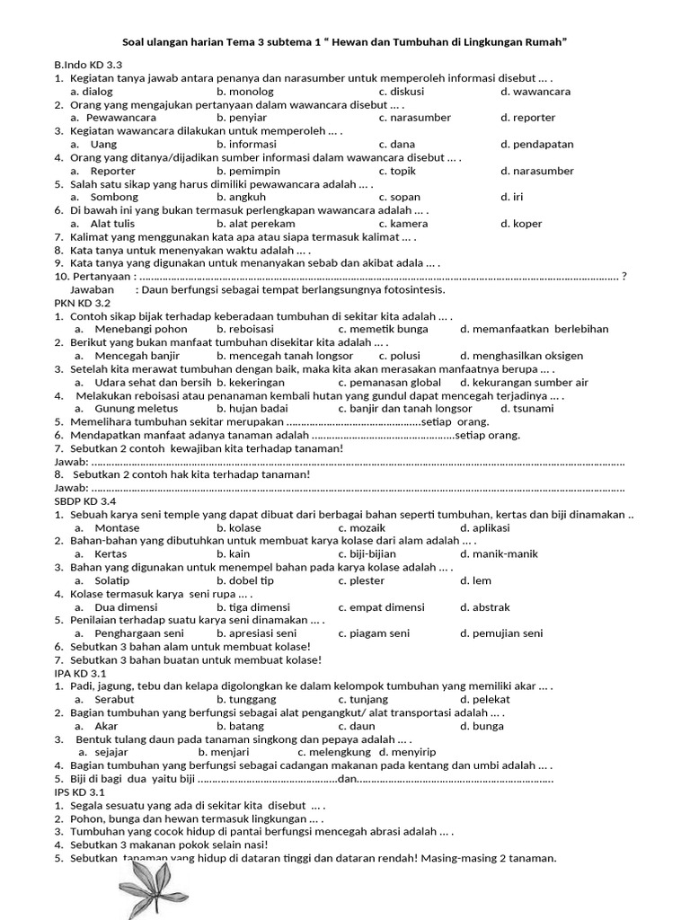 Soal Ulangan Harian Tema 3 Subtema 1 | PDF | Kajian Bahasa Asing