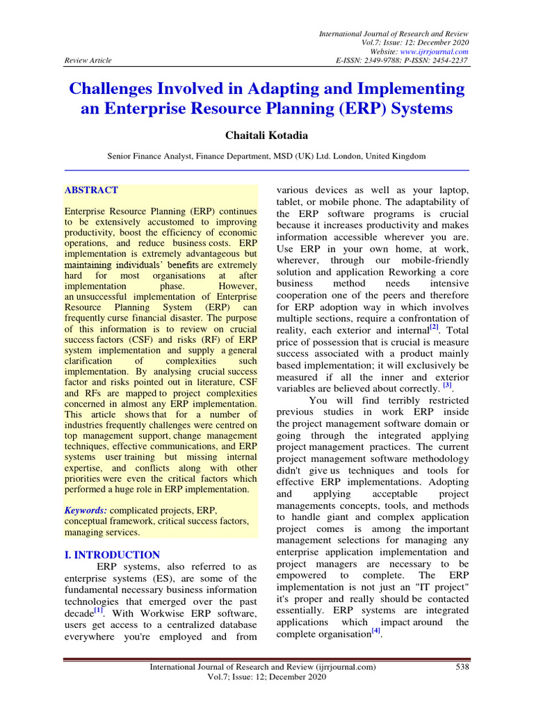 Challenges Involved in Adapting and Impl | PDF | Enterprise Resource Planning | Project Management