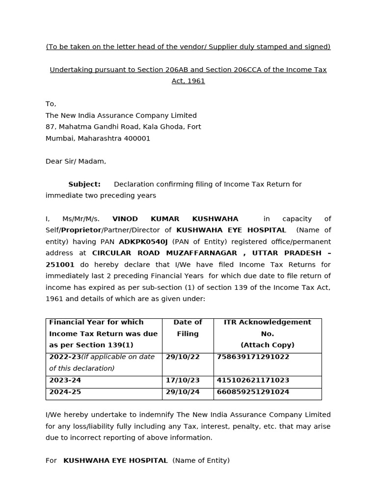 Undertaking Under Sec 206AB - 206CCA | PDF
