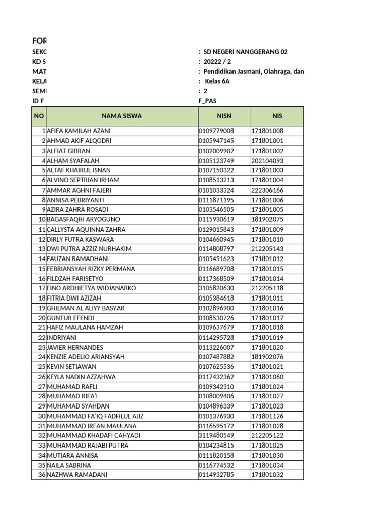 NIL - SAS - 20222 - Pjok - Kelas 6A | PDF