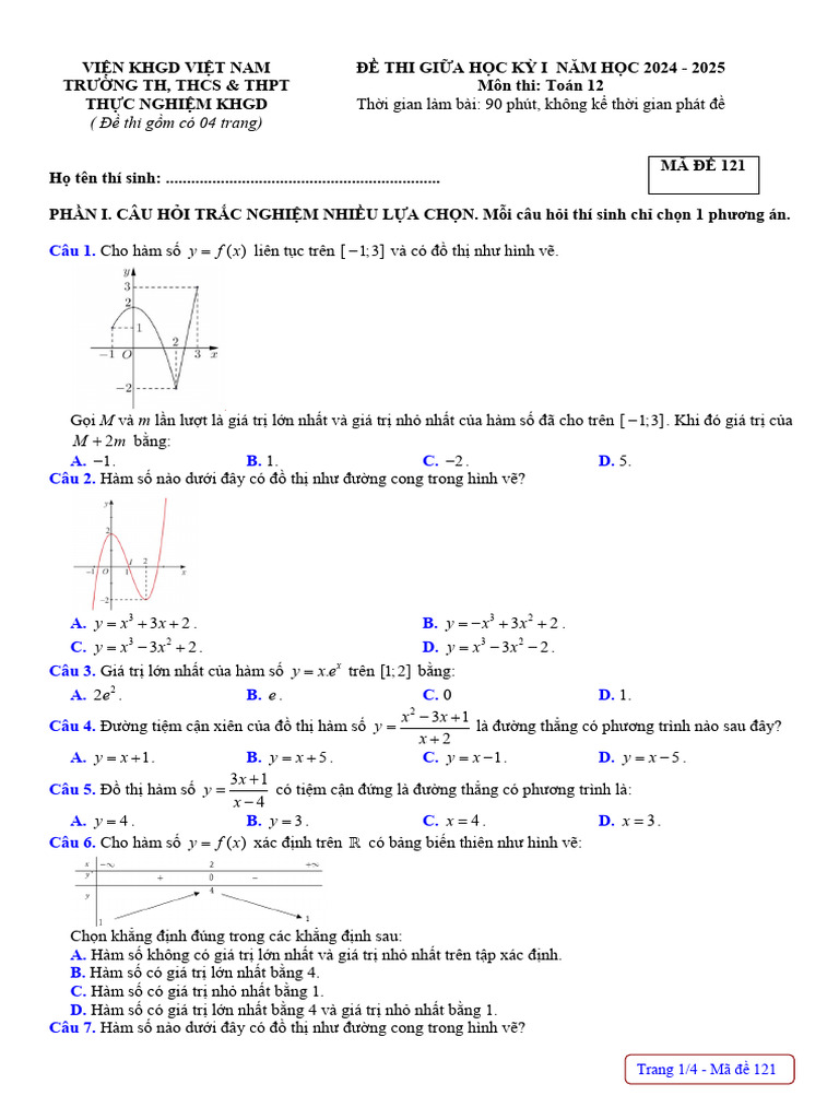 De Giua Ky 1 Toan 12 Nam 2024 2025 Truong Thuc Nghiem Khoa Hoc Giao Duc Ha Noi | PDF