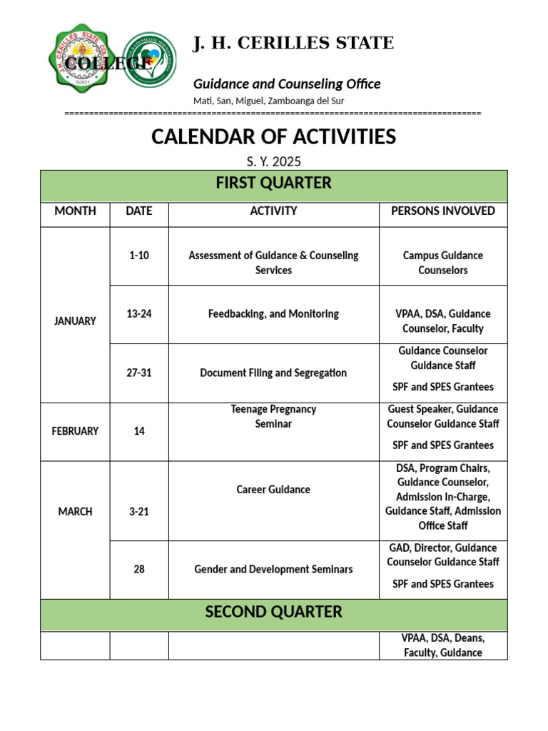 Calendar-Of-Activities 2 | PDF | School Counselor