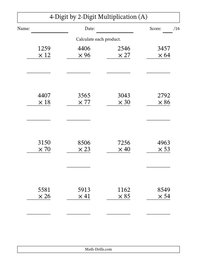 4-Digit by 2-Digit Multiplication Practice | PDF