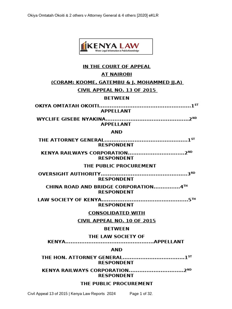 Okiya Omtatah Okoiti & 2 Others V Attorney General & 4 Others (2020) eKLR | PDF | Appeal | Mootness