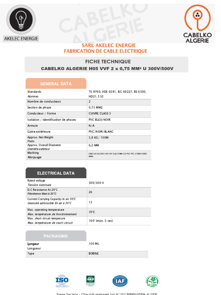 Fiche Technique h05 VVF 2 X 075 | PDF