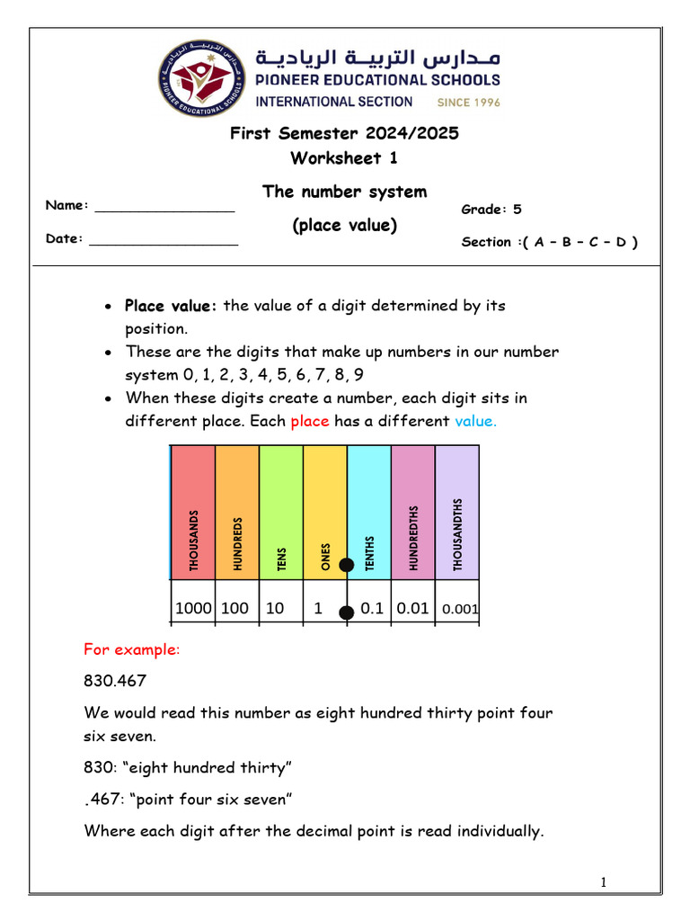 1 - Workksheet 1 - Place Value | PDF | Mathematical Notation | Signal Processing