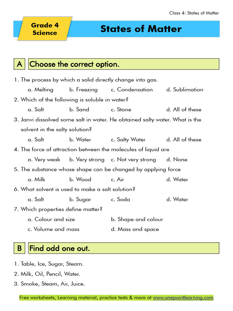 Free Worksheet States of Matter Class 4 B | PDF | Water | Liquids