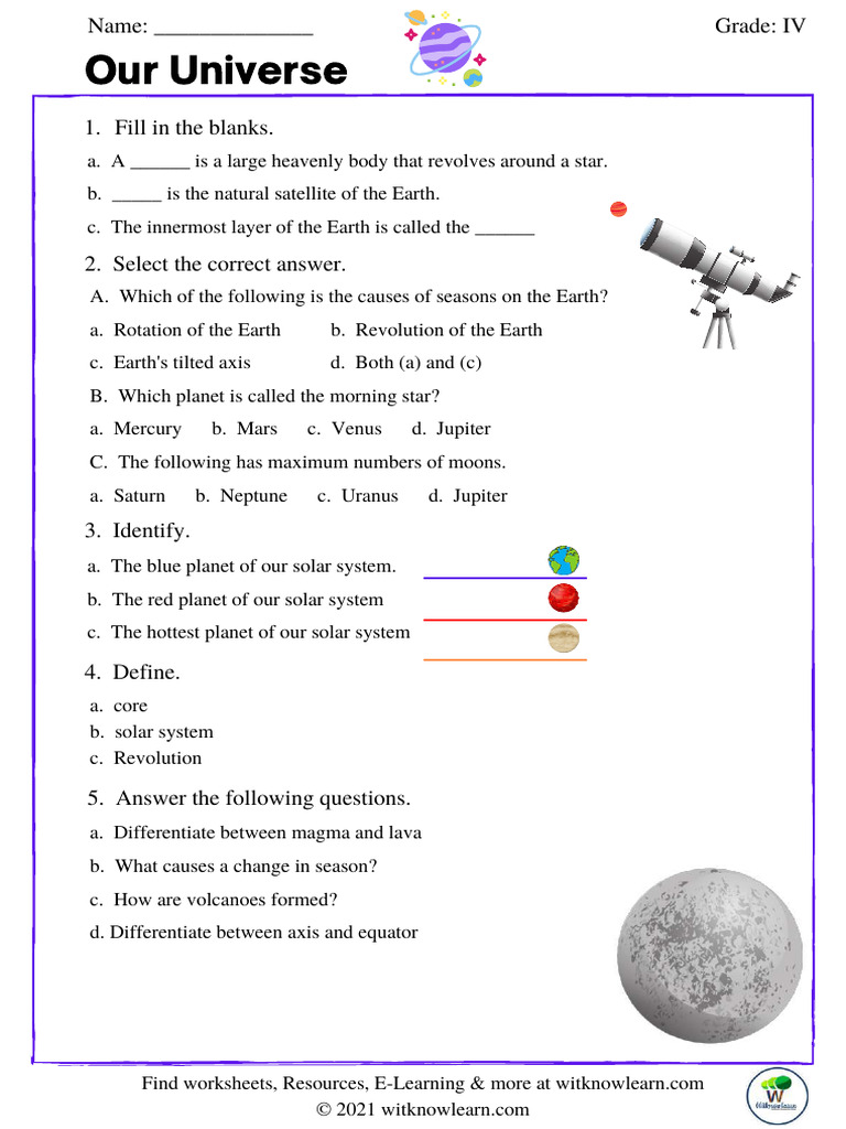 Our Universe Worksheet for Grade 4 | PDF