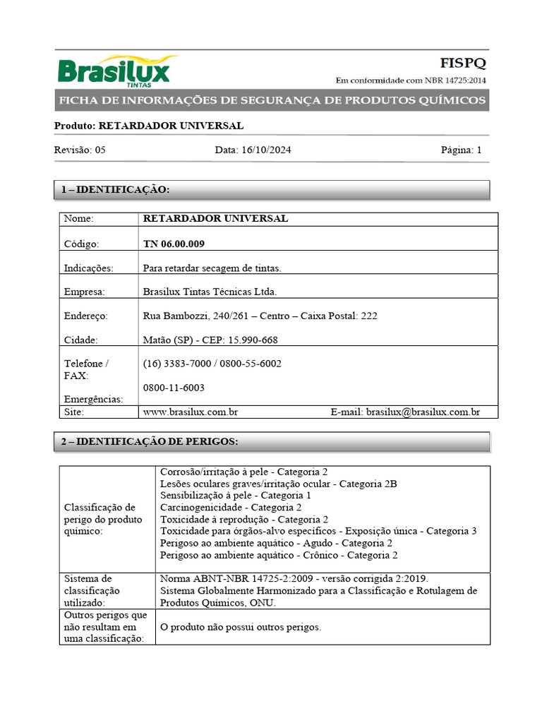 Fispq Diluentes e Auxiliares Brasilux | PDF | Solvente | Embalagem e ...