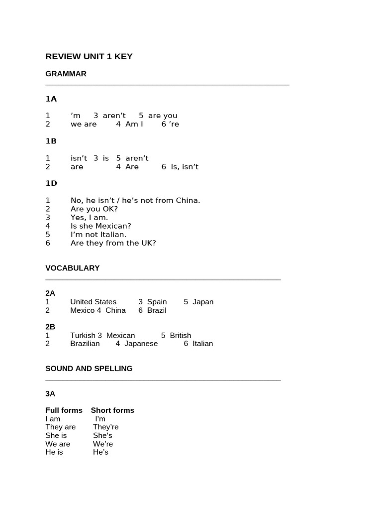 Review Unit 1 Key | PDF