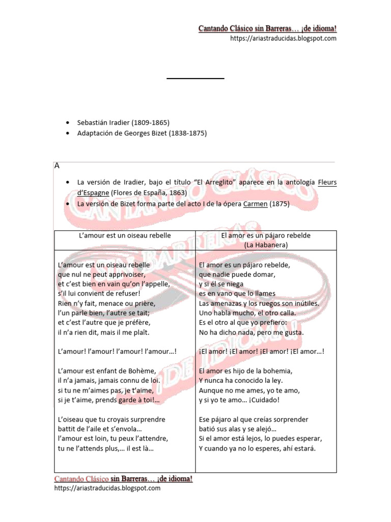 Ópera y Traducción: La Habanera | PDF | Habanera (Aria) | Carmen