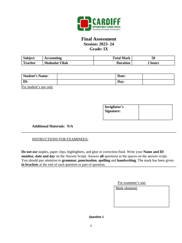 Grade IX Accounting Final Assessment | PDF