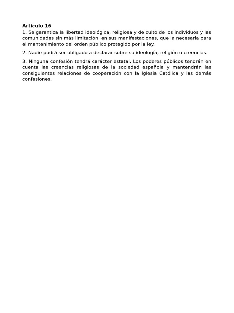 Artículo 16 de La Constitución Española | PDF | Religión y espiritualidad