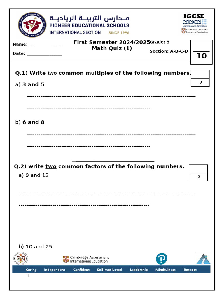 G5 - Quiz - (1) (Common Factors) | PDF