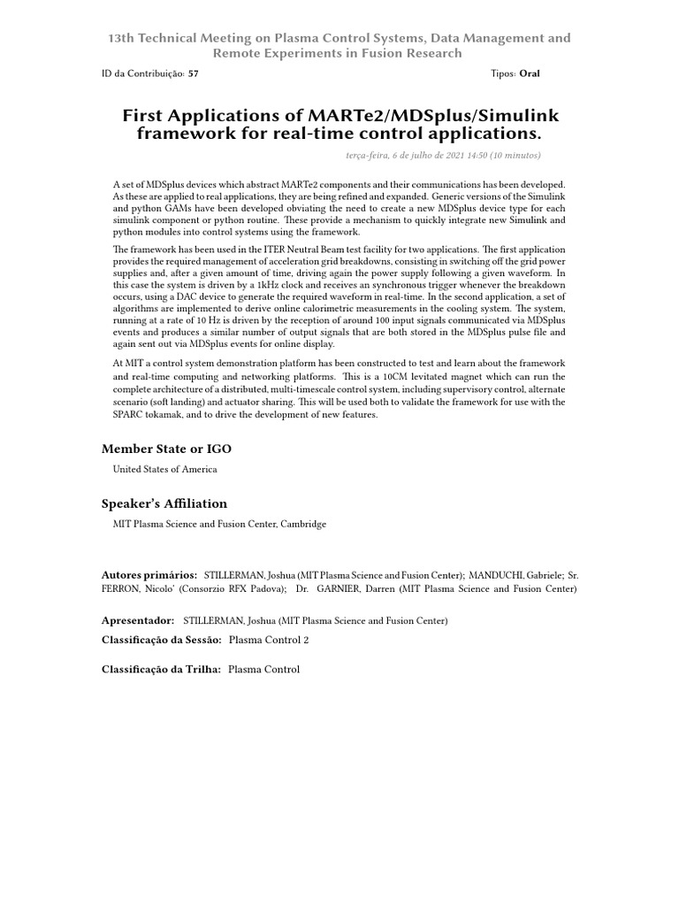 First Applications of MARTe2 MDSplus Simulink | PDF | Fusion Power | Computer Engineering
