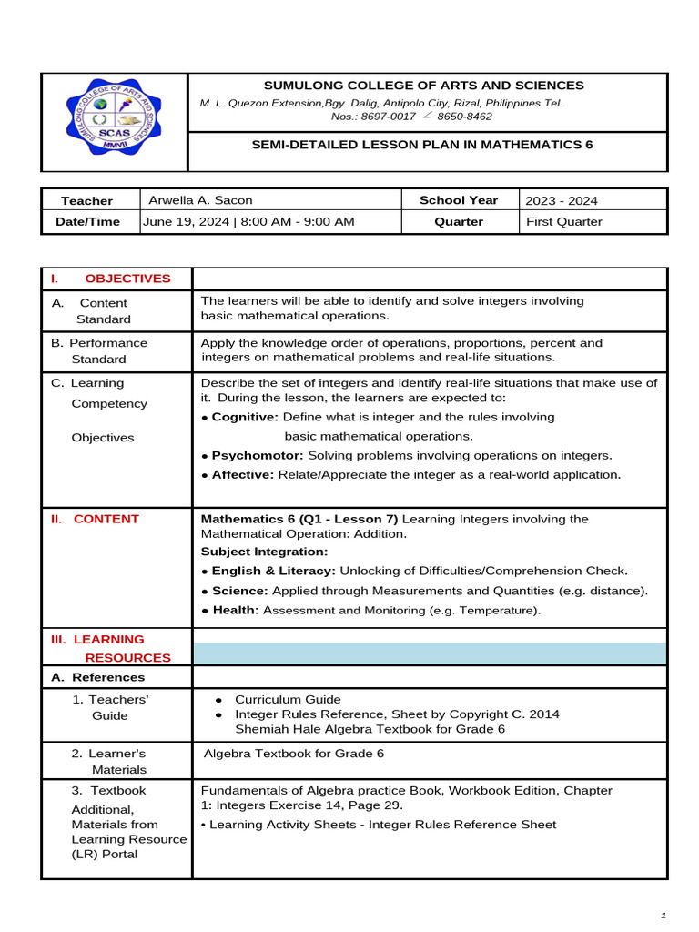 Integers Lesson Plan Final | PDF | Learning | Mathematics