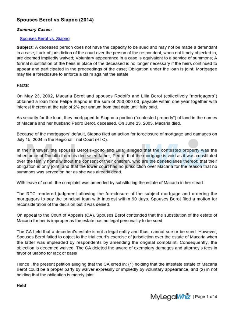Spouses Berot Vs Siapno - SUMMARY | PDF | Lawsuit | Mortgage Law