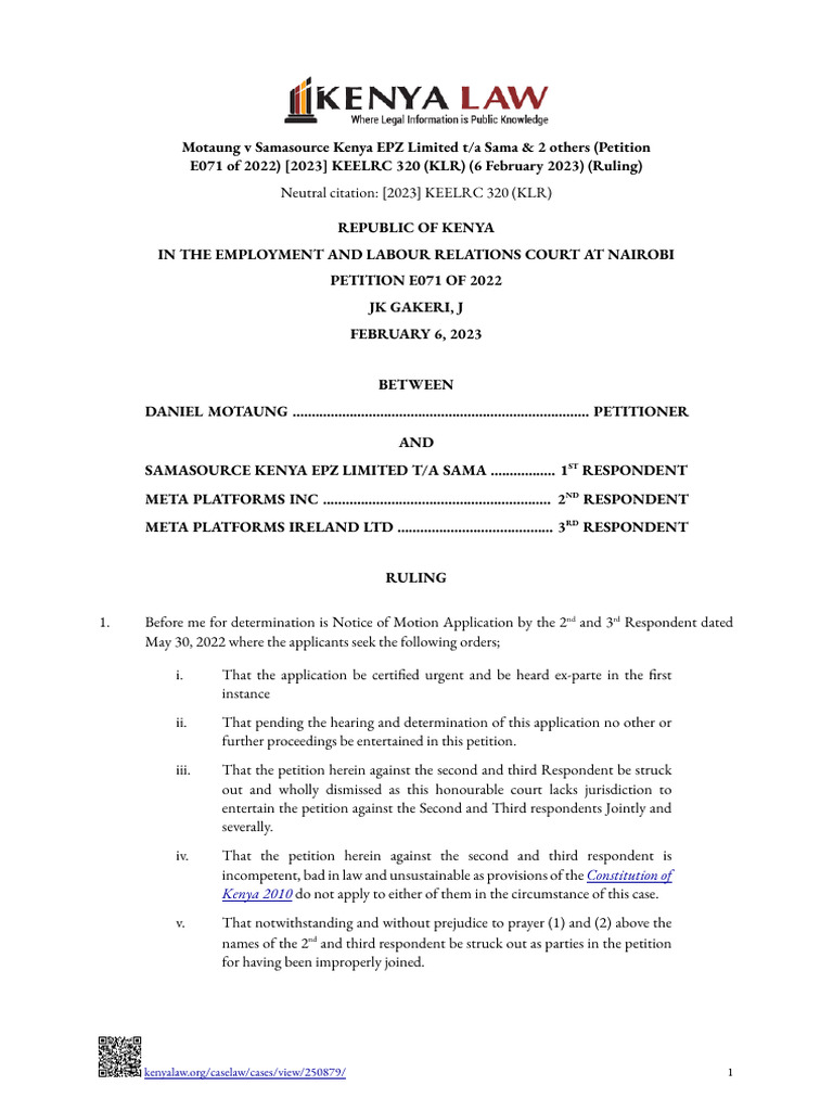Motaung V Samasource Kenya EPZ Limited Ta Sama & 2 Others (Petition ...