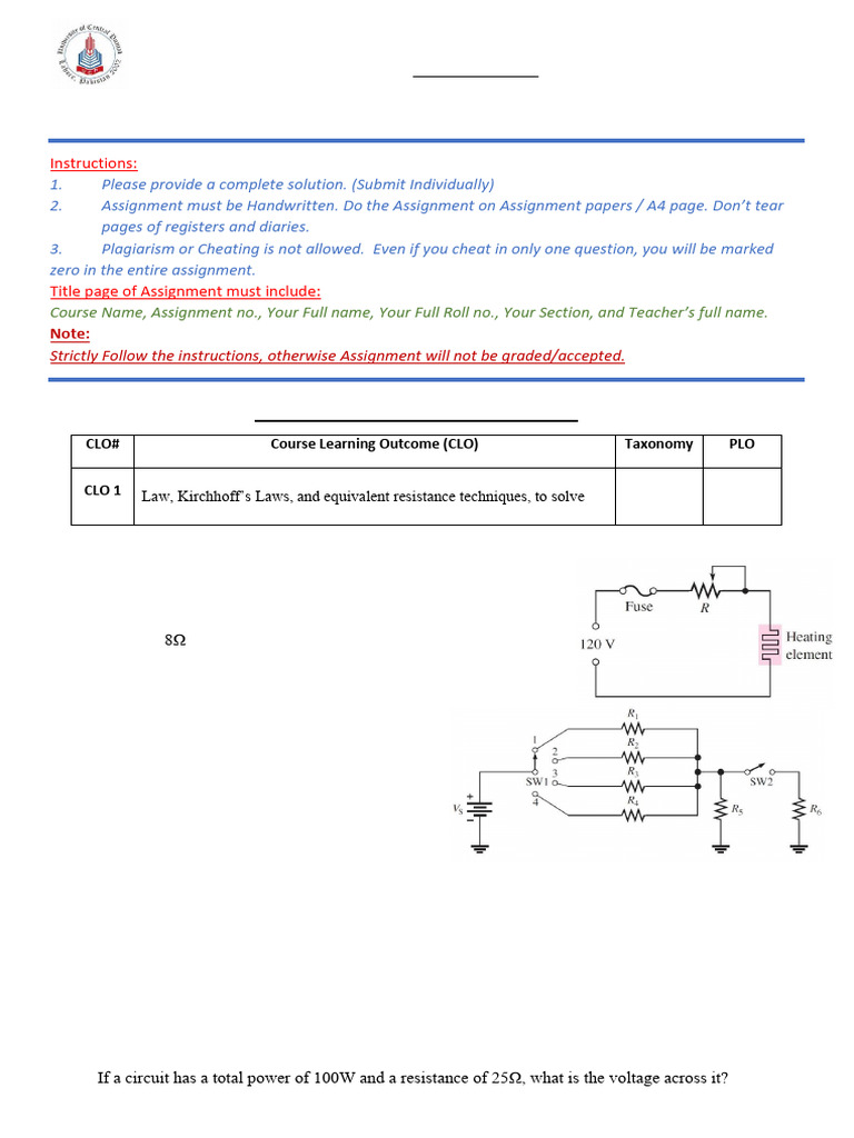 BE Fall 2024 Assignment 1 | PDF | Resistor | Fuse (Electrical)