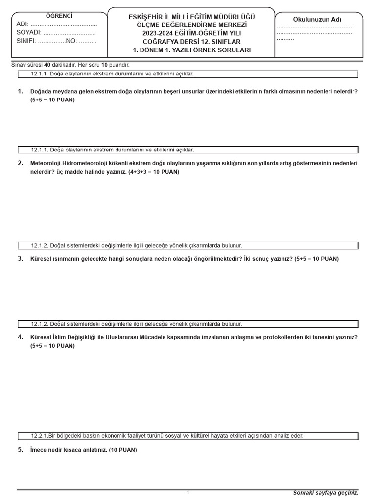 2023-2024 12. Sinif 1. Doynem 1. Sinav Oyrnek Sorulari | PDF