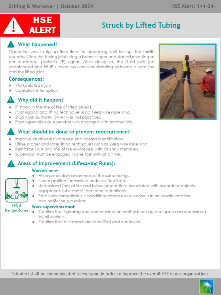 HSE Alert 141-24 - Struck by Lifted Tubing | PDF