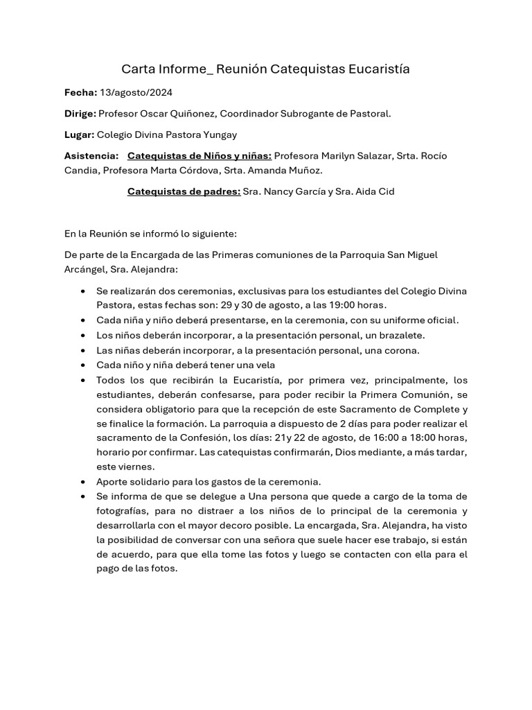 Carta Informe - Catequesis Eucaristía | PDF | Bienestar | Religión y espiritualidad