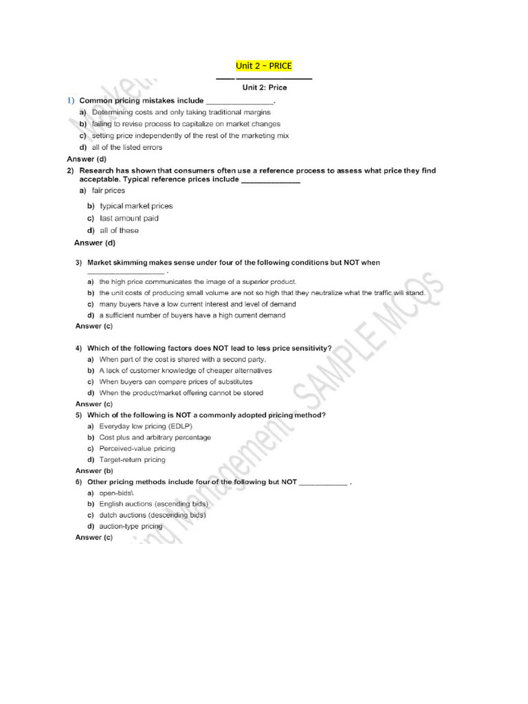 Marketing-Management MCQ - 05 PRICING Q110 | PDF