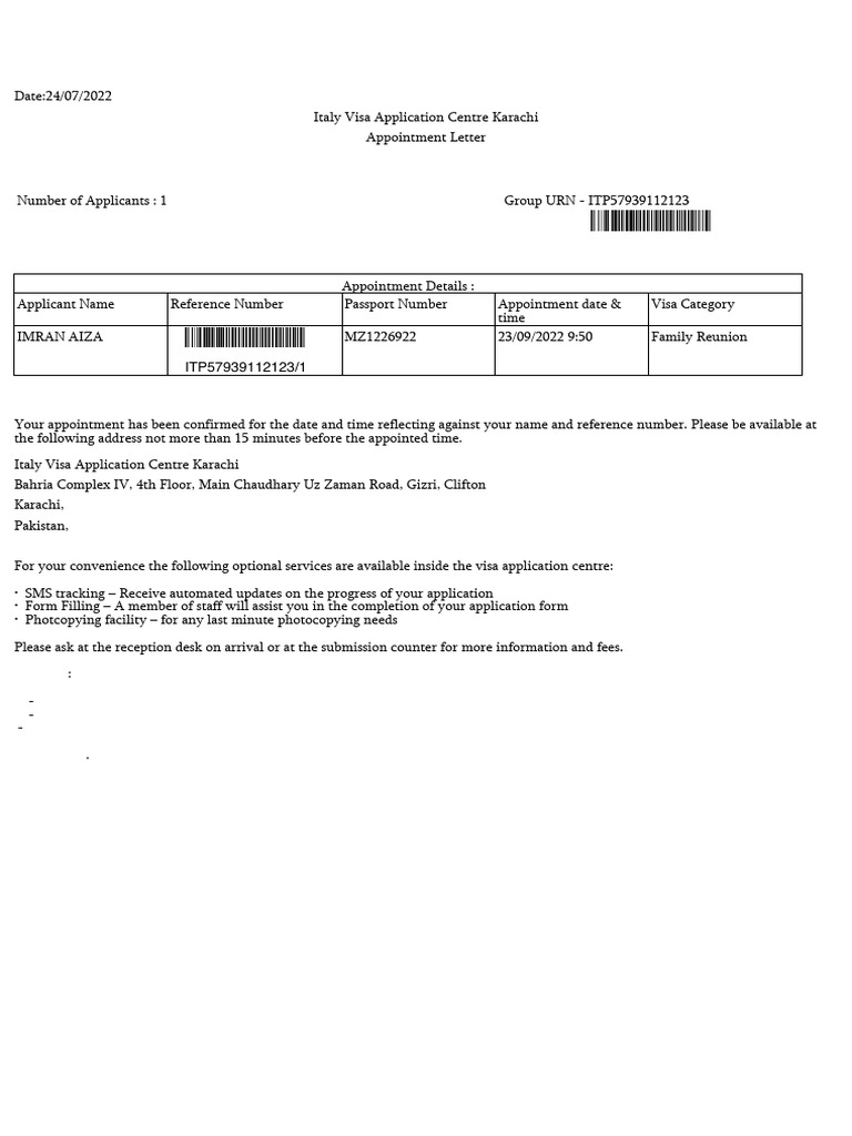 Italy Visa Appointment Confirmation Karachi | PDF | Travel Visa