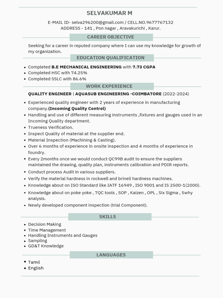 Quality Engineer Resume - 2 Years Experience | PDF