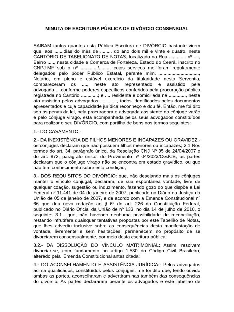 Modelo Minuta de Escritura Pública de Divórcio Consensual | PDF | Divórcio | Casamento