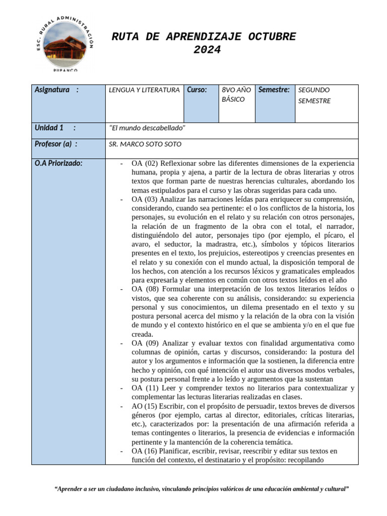 Ruta de Trabajo 8° Básico | PDF | Evaluación | Aprendizaje