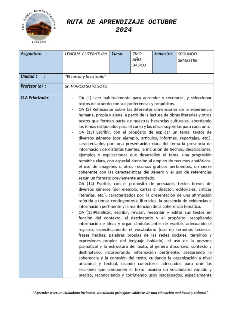 Ruta de Aprendizaje: Lengua 7º Básico | PDF | Evaluación | Comprensión lectora