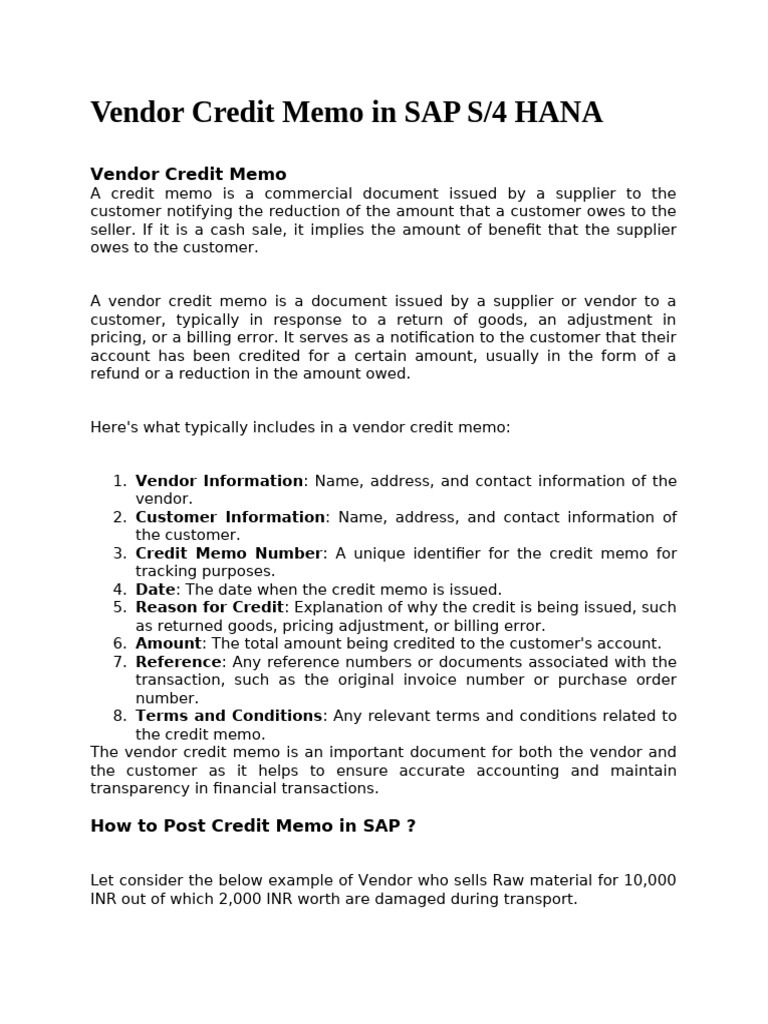 Vendor Credit Memo in SAP | PDF