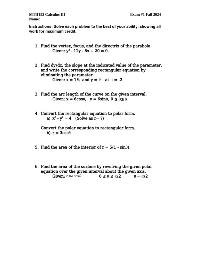 Calculus III Exam #1 Fall 2024 | PDF