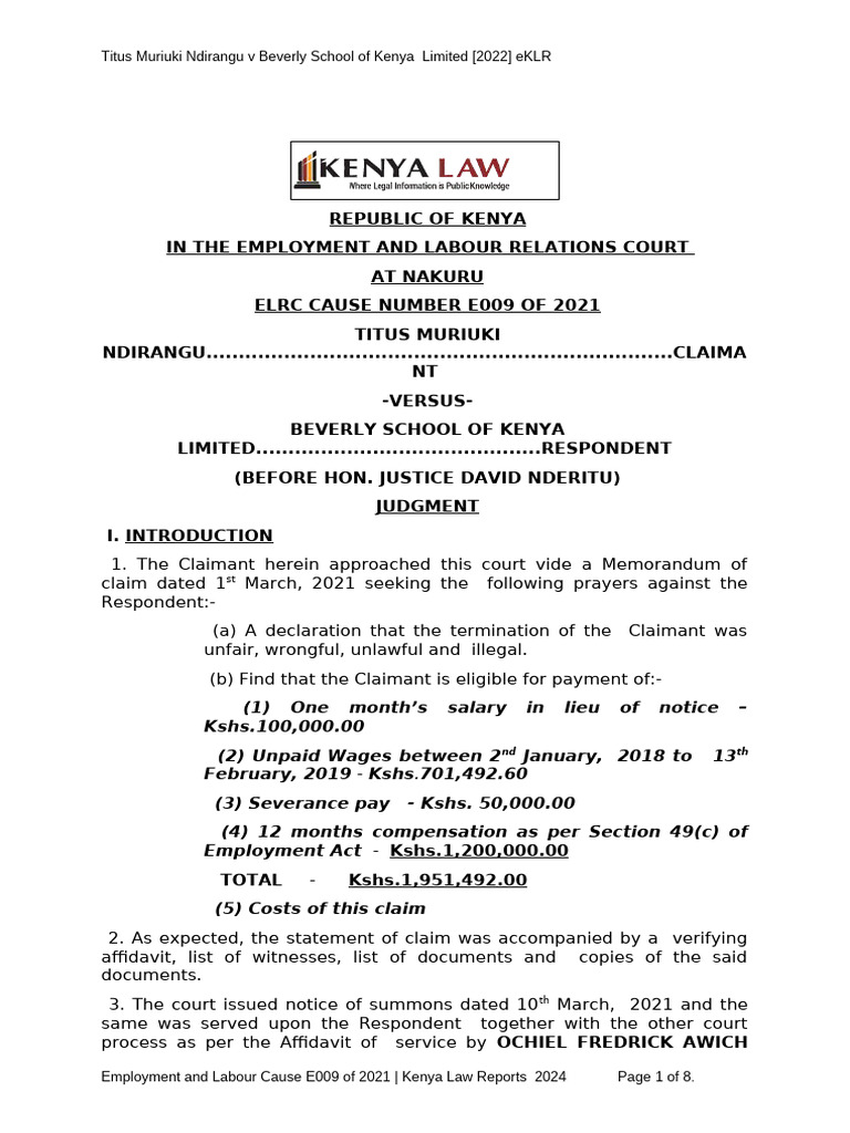 Employment and Labour Cause E009 of 2021 | PDF | Layoff | Employment