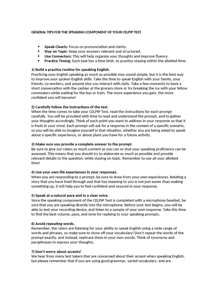 Tips For The Speaking Component of Your Celpip Test | PDF | English ...